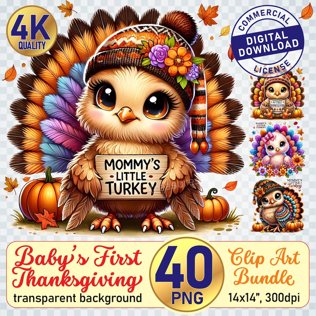 Baby’s First Thanksgiving Clipart Bundle, Little Turkey - 40 PNG Files ...