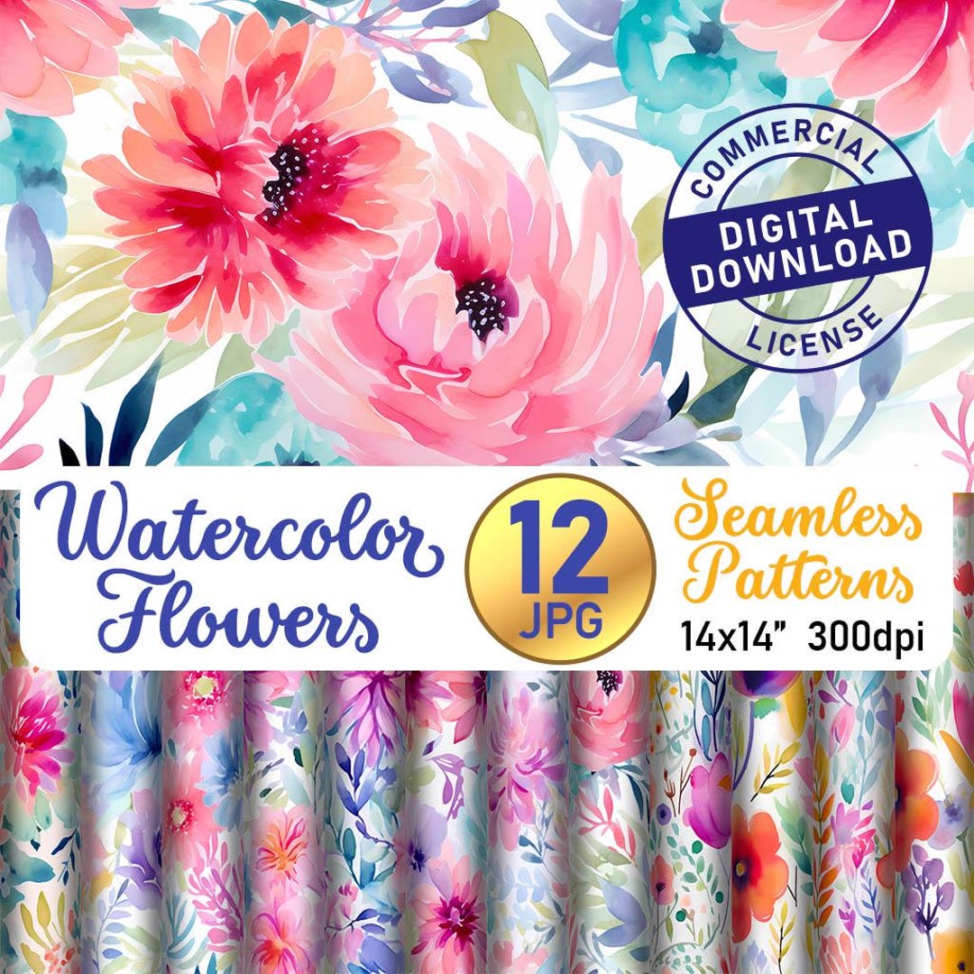 12 Watercolor Flowers Seamless Patterns, Floral Decoupage Papers ...