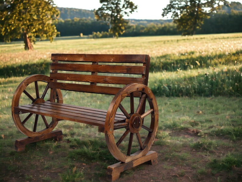 Rustic Wooden Wheel Bench 2-person Wagon Slatted Seat, Outdoor Patio ...