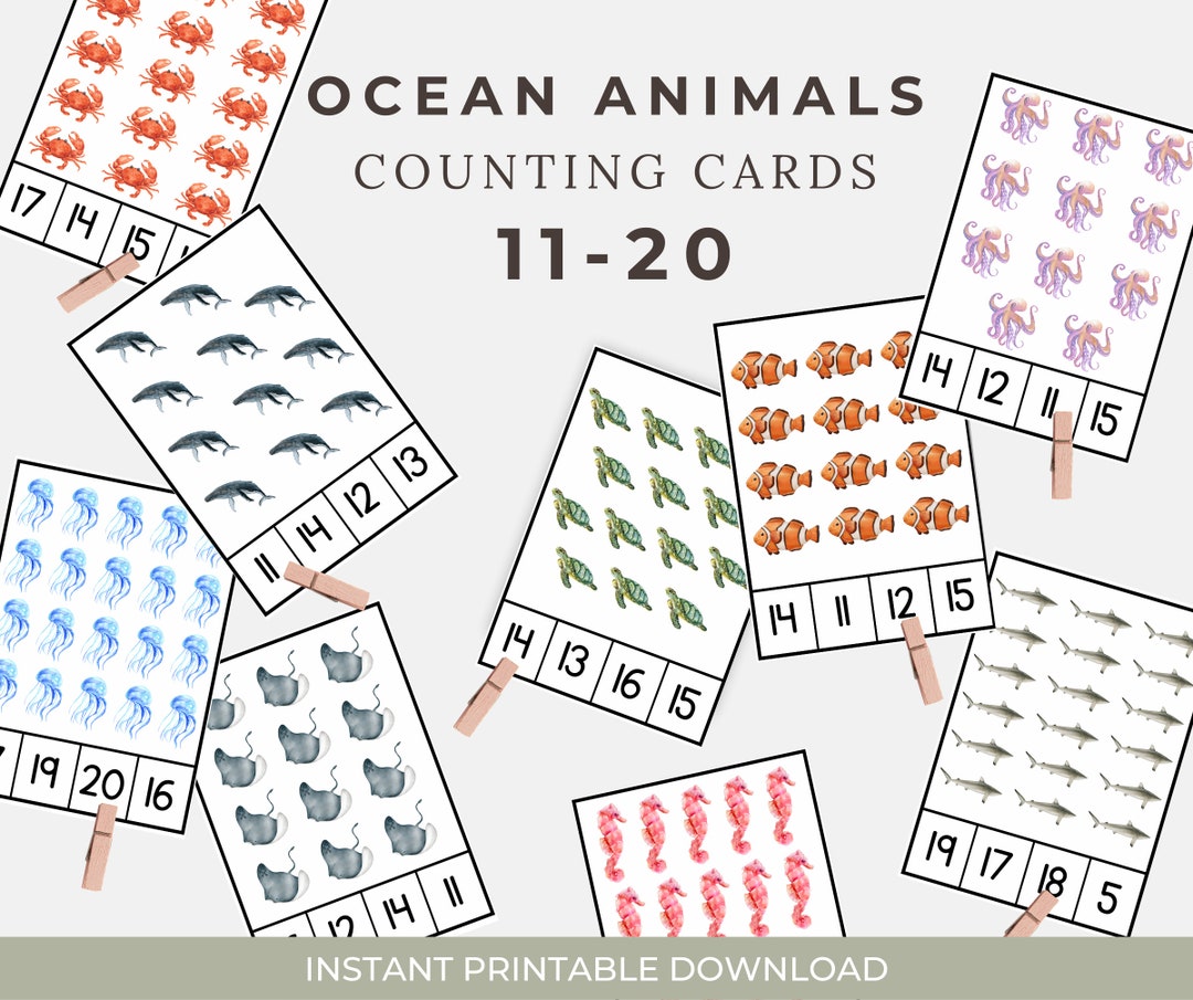 Ocean Animals Counting Cards Numbers 11-20 Count and Clip Montessori ...