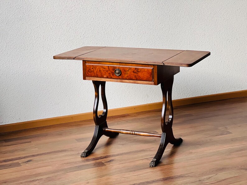 Antique Drop Leaf Side Table With Drawer Victorian Revival Walnut Burl ...
