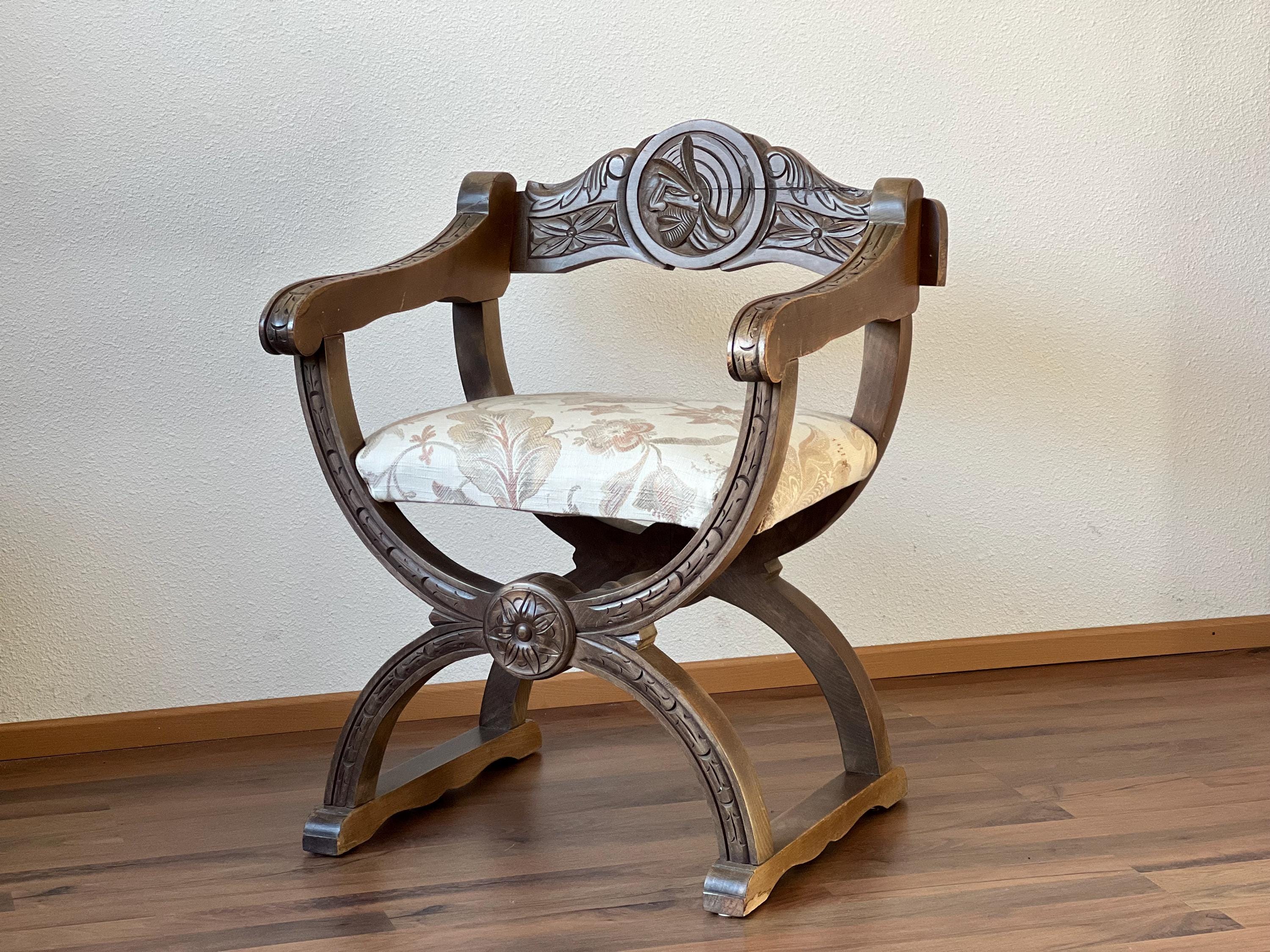 Antique Wood Savonarola Chair, Renaissance Revival Style Chair ...