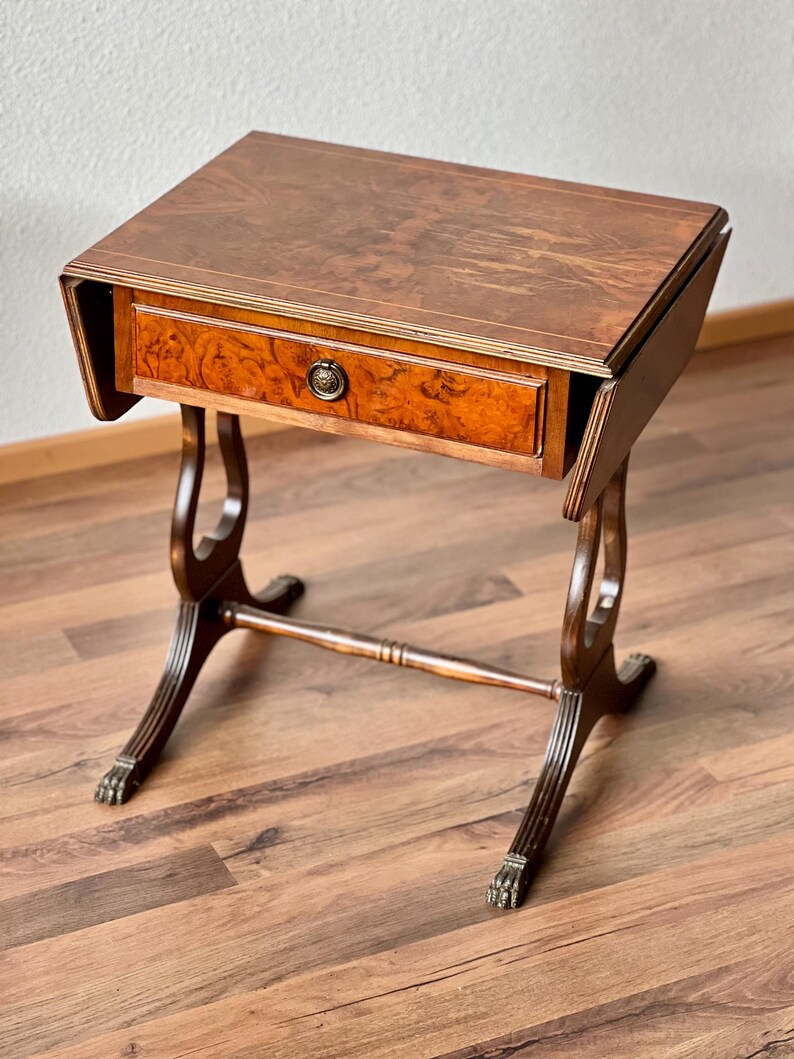 Antique Drop Leaf Side Table With Drawer Victorian Revival Walnut Burl ...