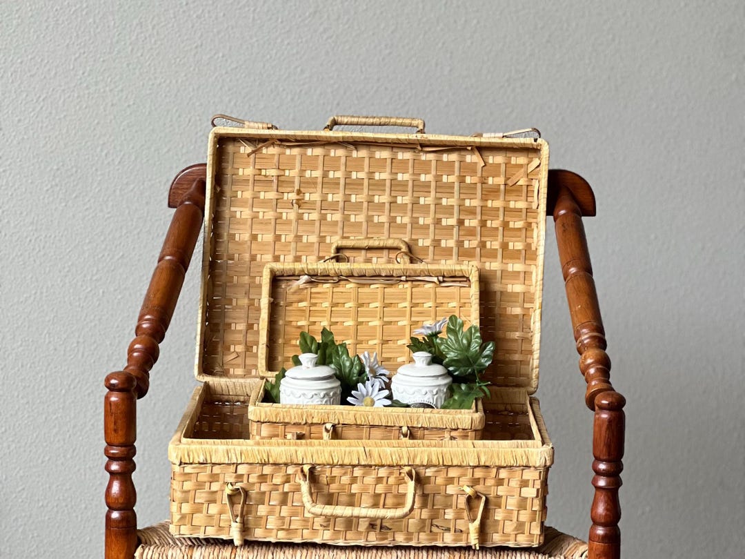 Vintage Wicker Suitcase / Raffia Basket Chest, Storage Box, Mid Century ...