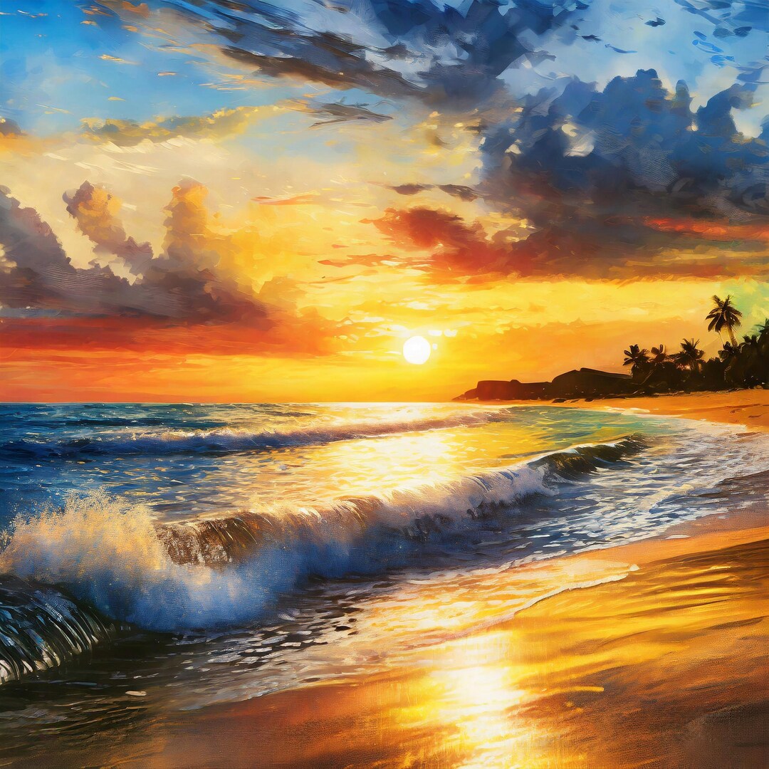 Printable Sunset Wall Art, Beach Art, Vintage Sunset Painting, Golden ...