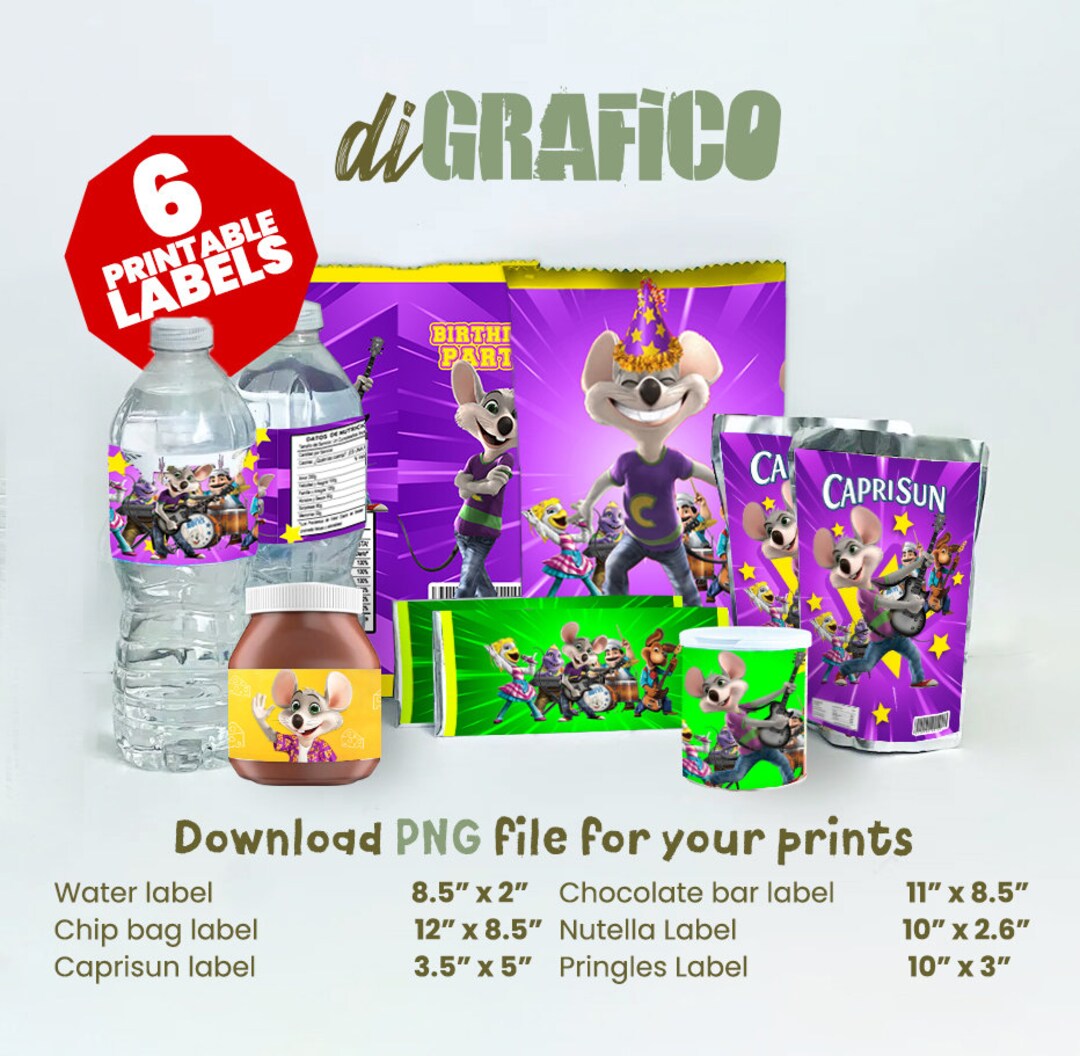 6 Chuck E Cheese Labels, Water Label, Potato Chip Bag Label, Caprisun ...