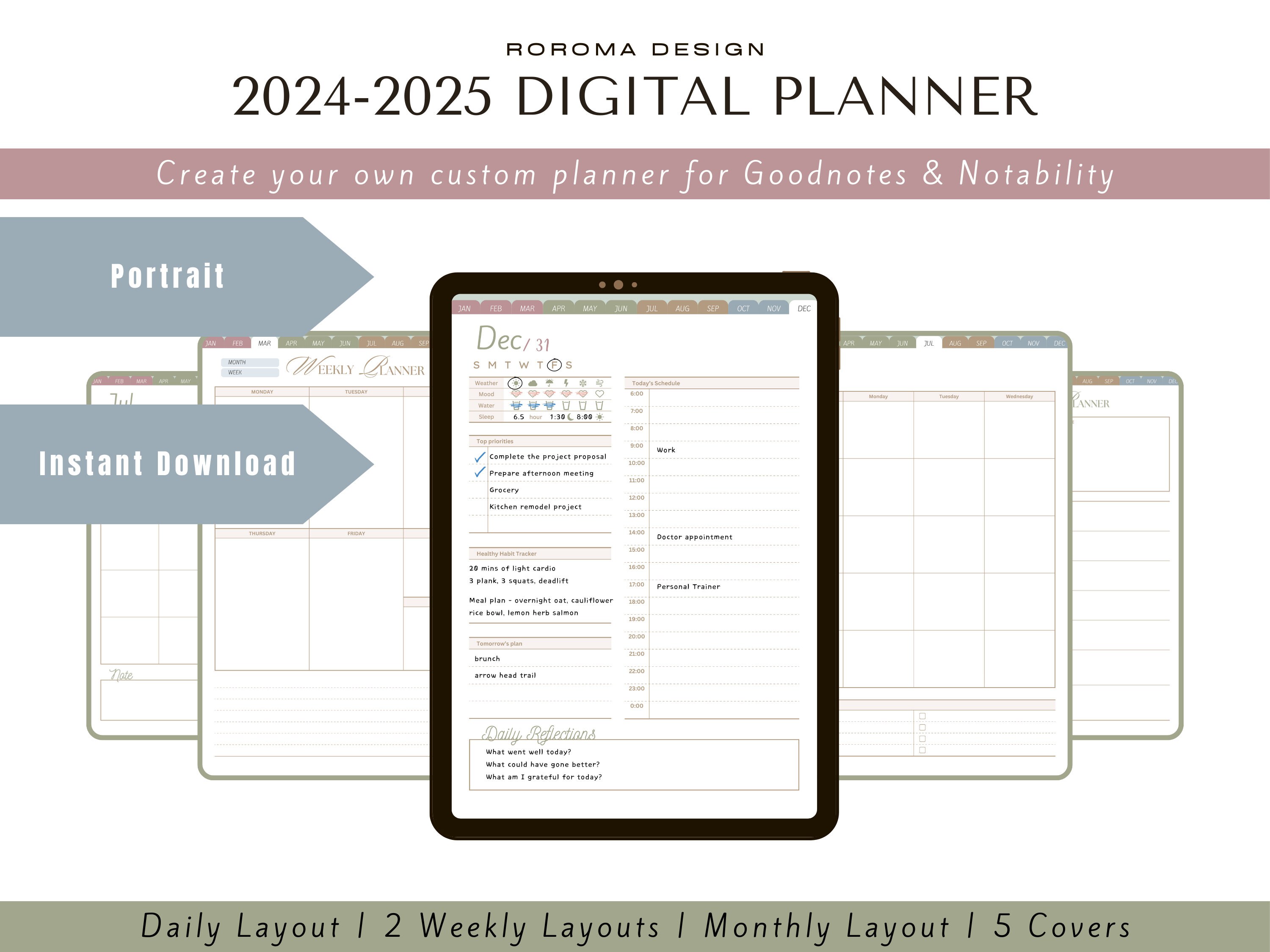 2024-2025 Digital Planner PORTRAIT Daily Planner, Weekly Planner ...