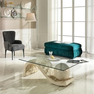 Coffee Table From Italy Rectangular White Agate Fossil Stone Tempered ...