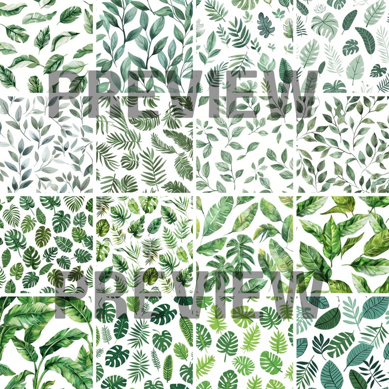 100 Green Leaf Designs Digital Paper - Seamless Design, Boho, Chic ...
