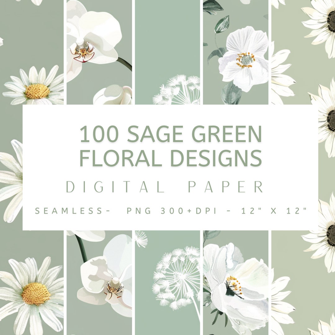100 Sage Green Floral Designs Digital Paper - Seamless Design, Boho ...