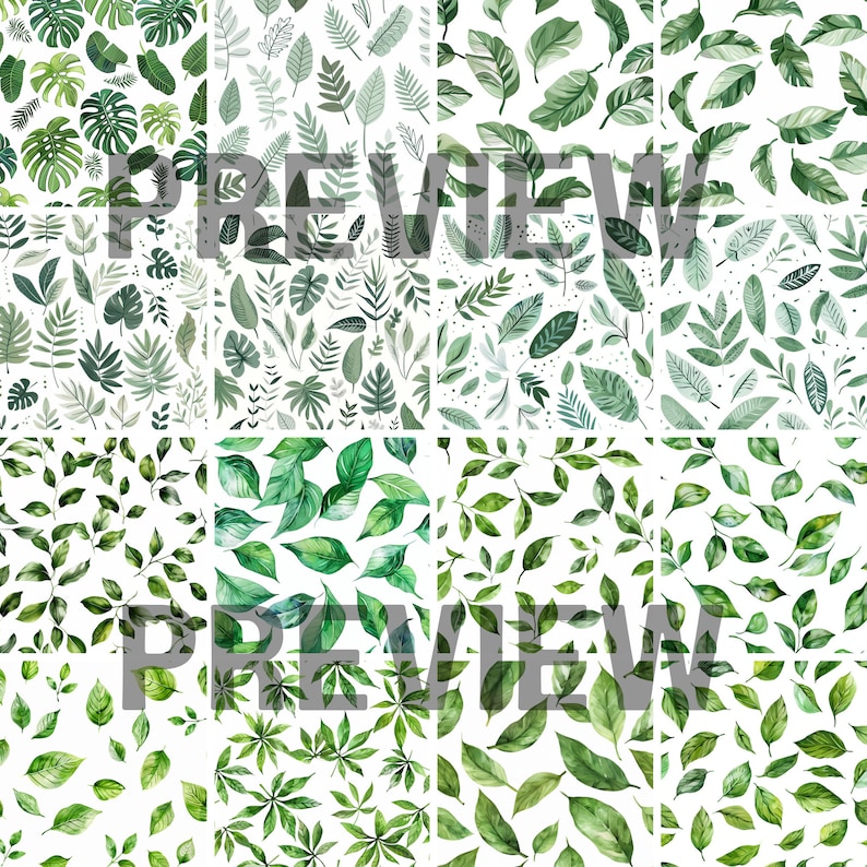 100 Green Leaf Designs Digital Paper - Seamless Design, Boho, Chic ...