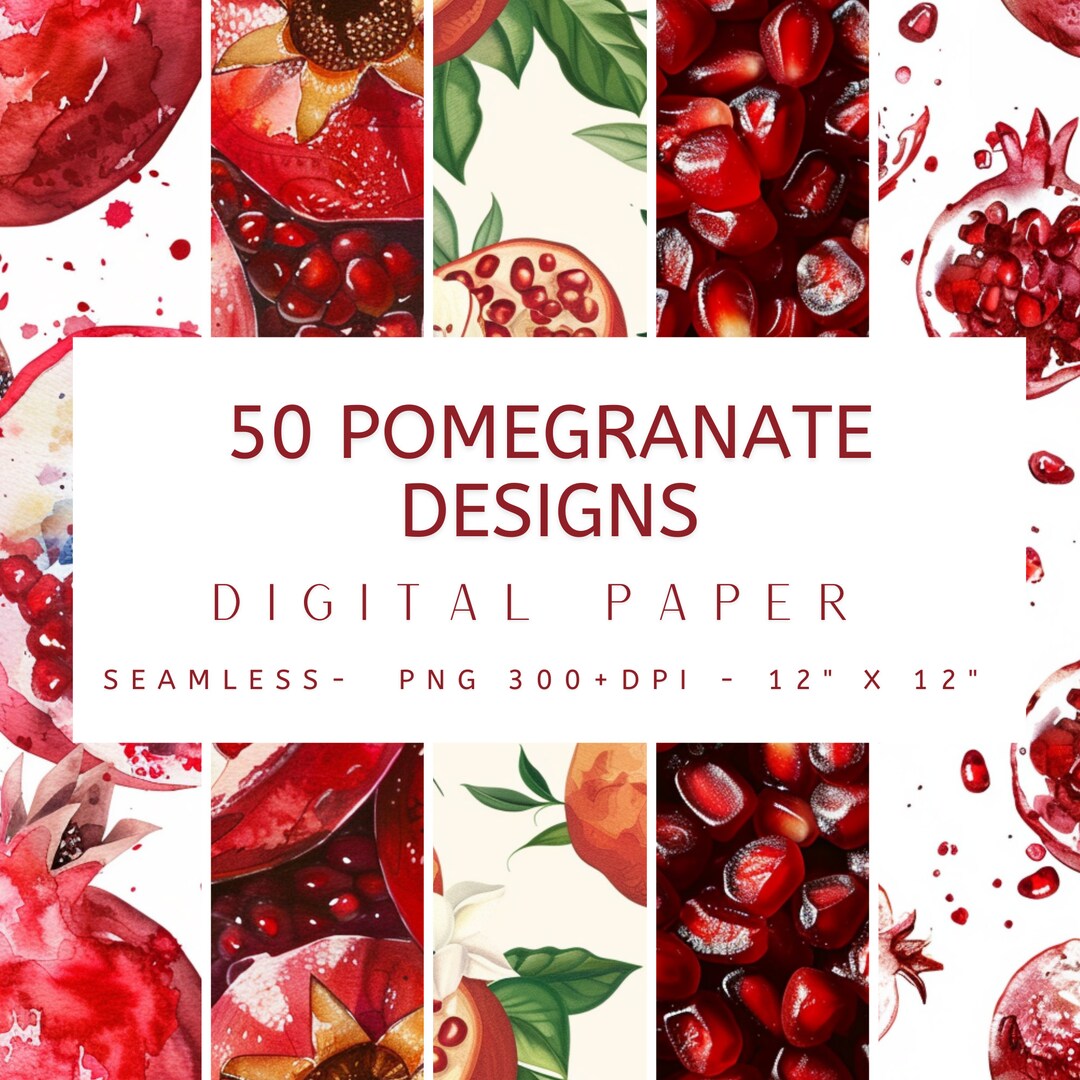 50 Pomegranate Digital Paper - Watercolor, Seamless, Printable, Instant ...