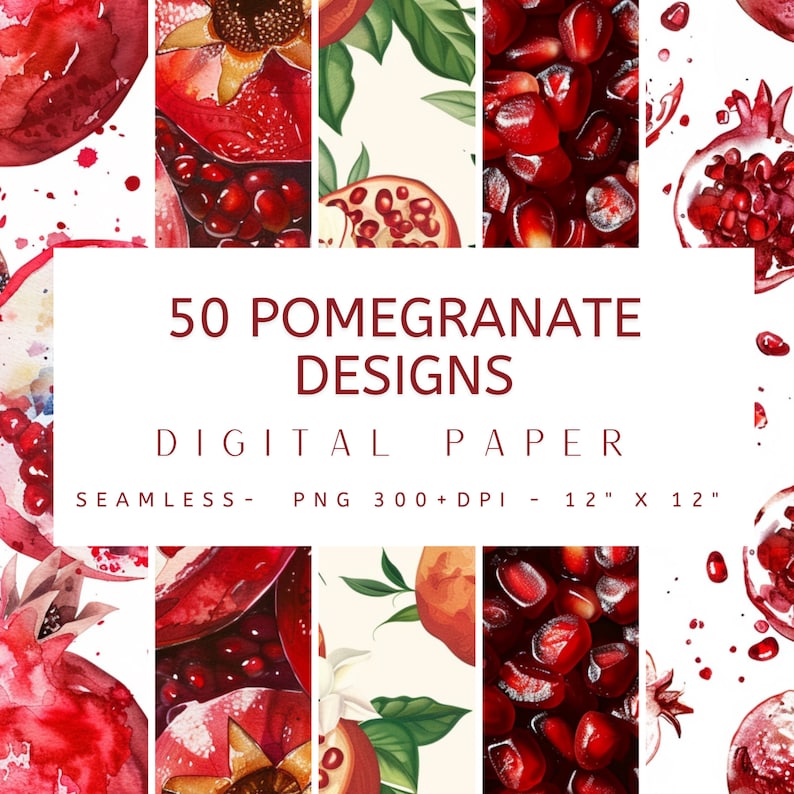50 Pomegranate Digital Paper - Watercolor, Seamless, Printable, Instant ...