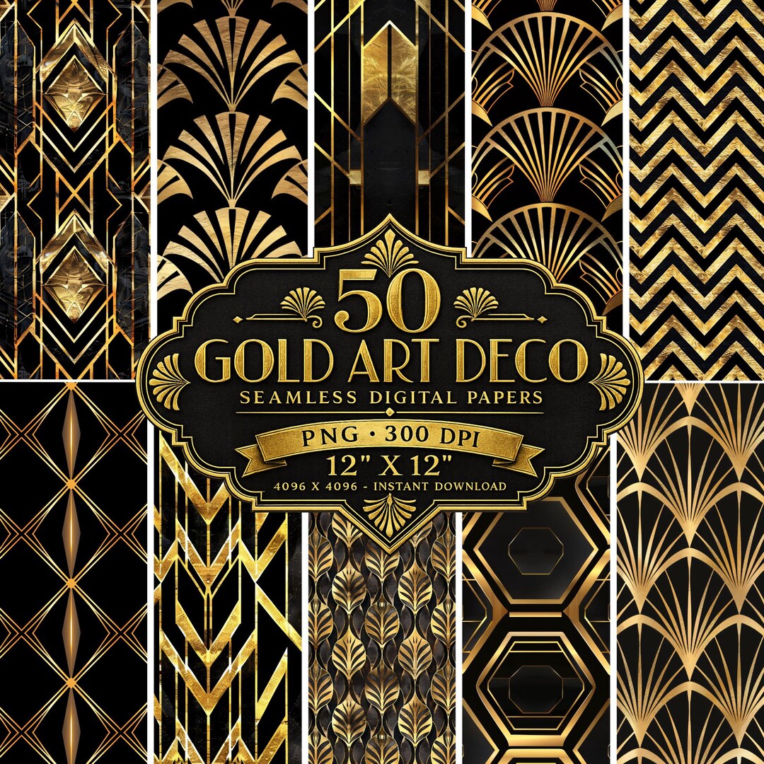 Gold Art Deco Seamless Digital Papers | Black Geometric Patterns ...