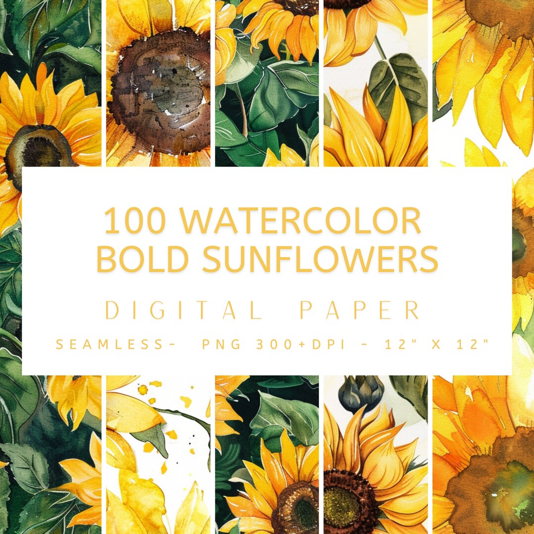 100 Watercolor Bold Sunflowers Digital Paper - Seamless Design, Digital ...