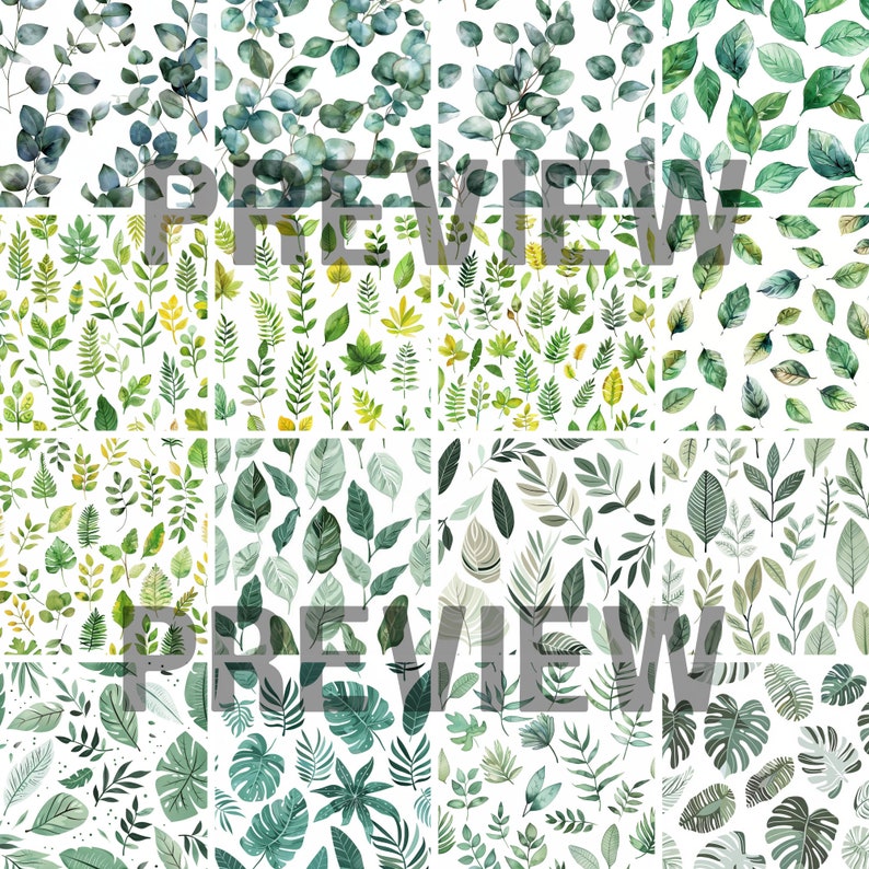 100 Green Leaf Designs Digital Paper - Seamless Design, Boho, Chic ...