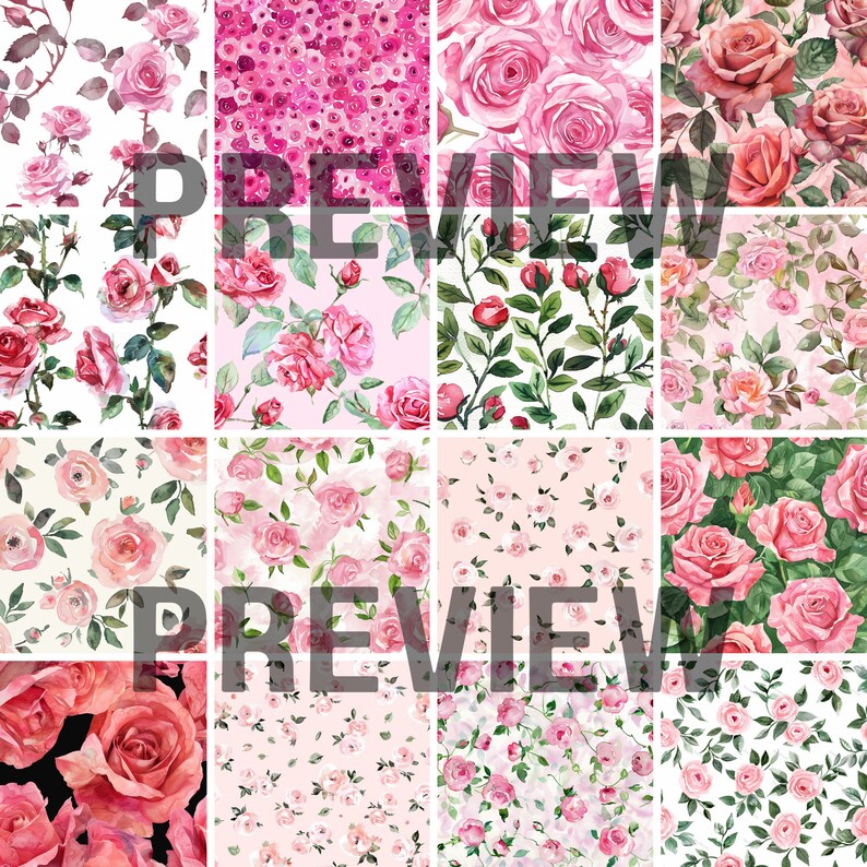 100 Watercolor Pink Roses Digital Paper - Seamless Printable, Digital ...