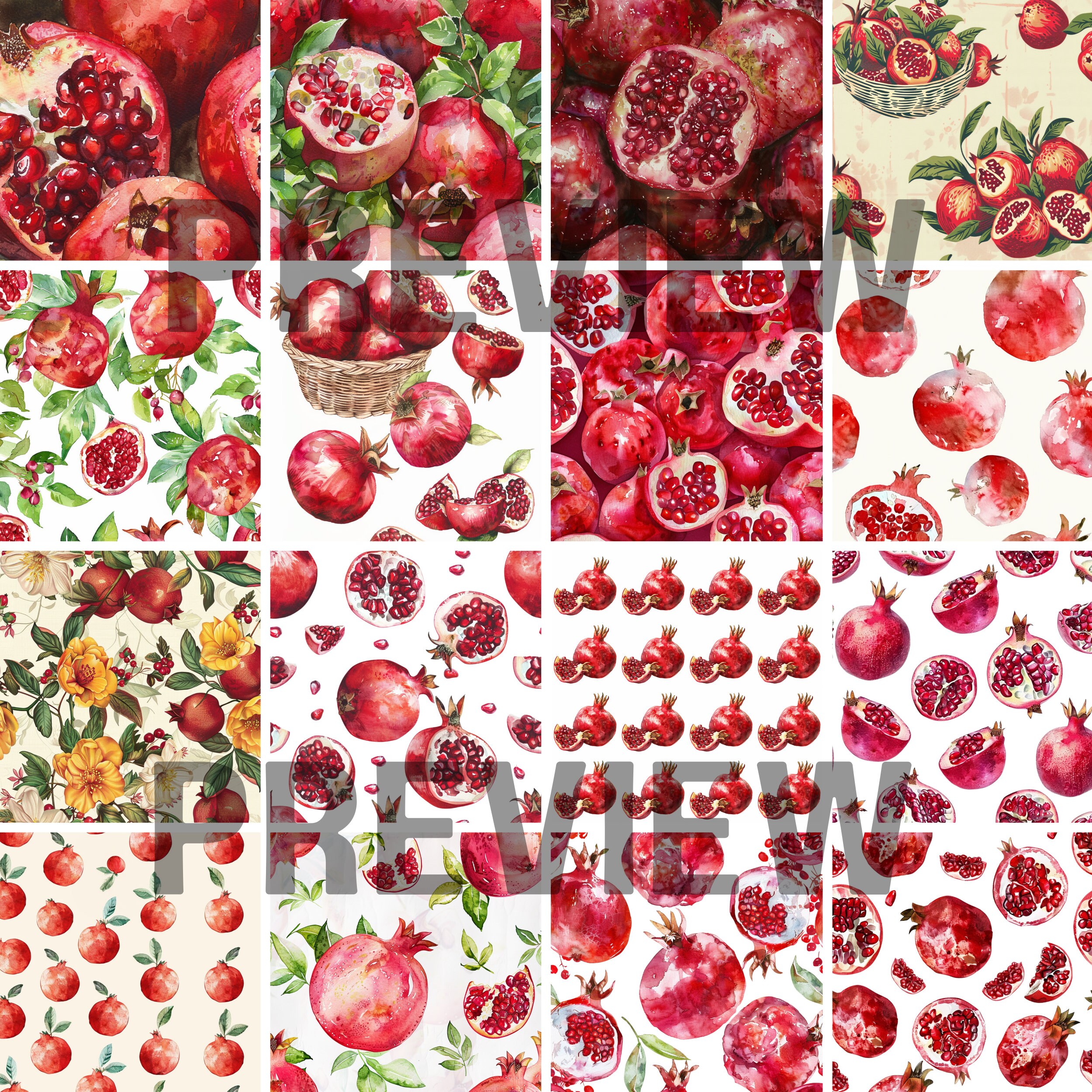 50 Pomegranate Digital Paper - Watercolor, Seamless, Printable, Instant ...
