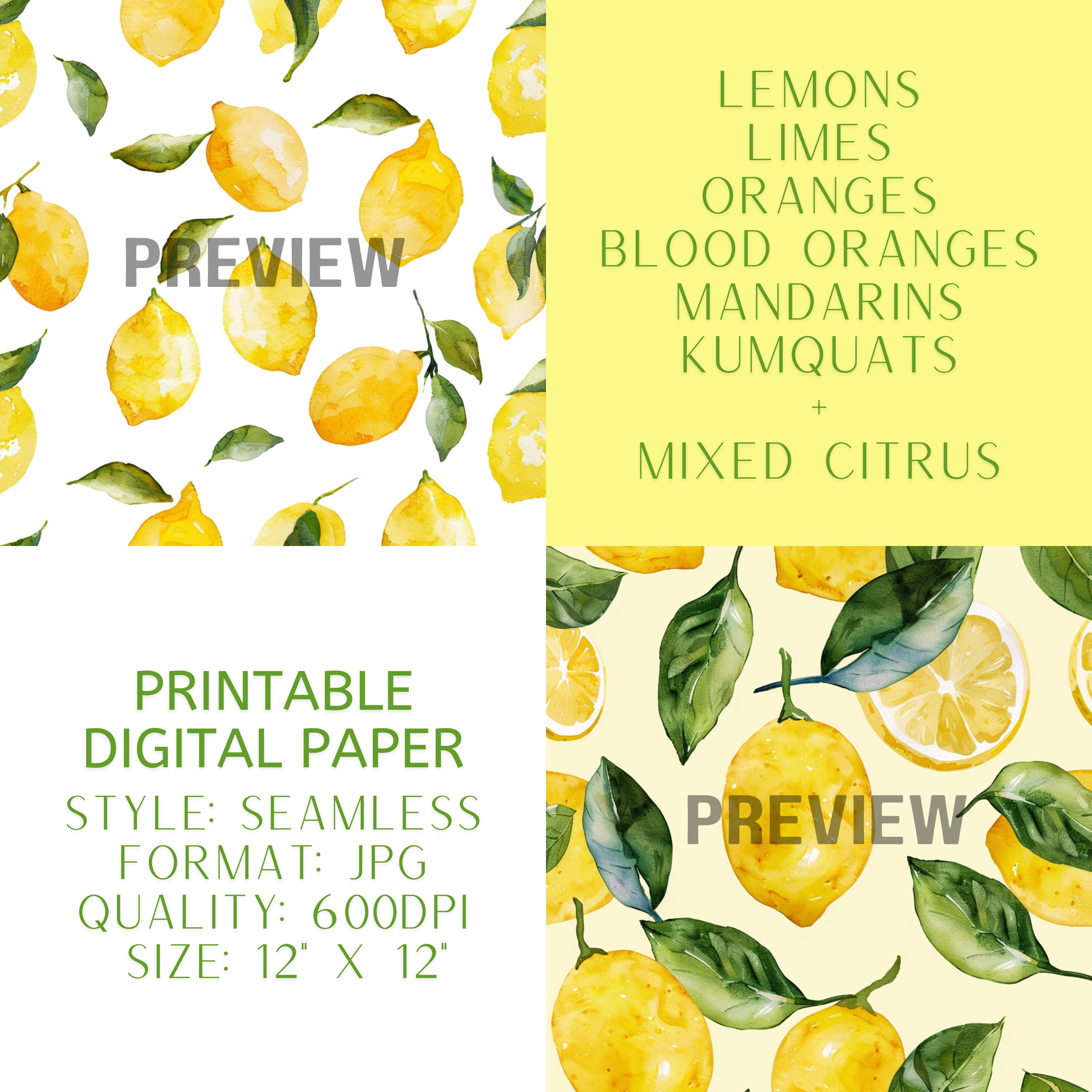 50 Watercolor Citrus Digital Paper Designs - Seamless Design, Digital ...