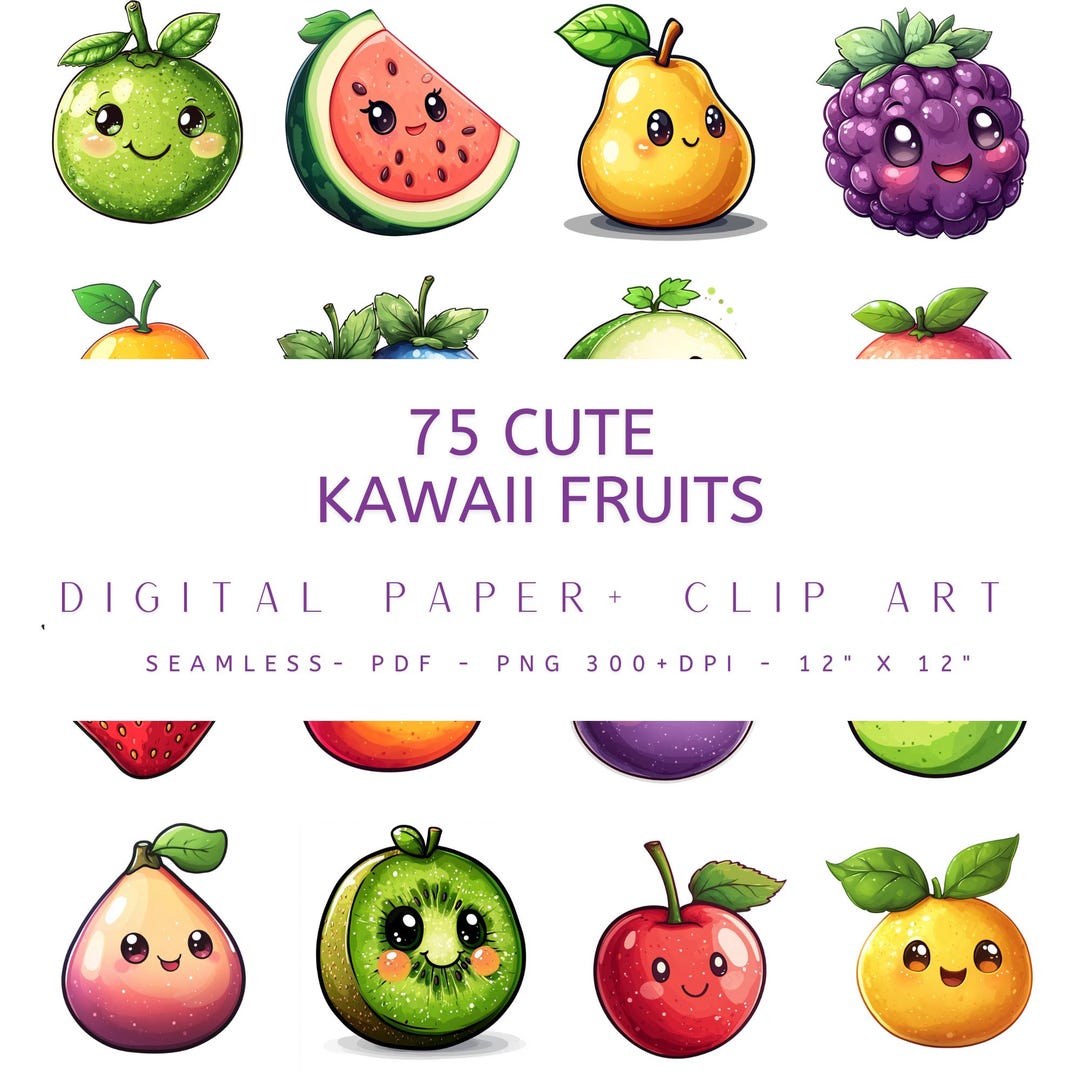 75 Cute Kawaii Fruit Digital Paper e Clip Art - Clip Art Transparente ...
