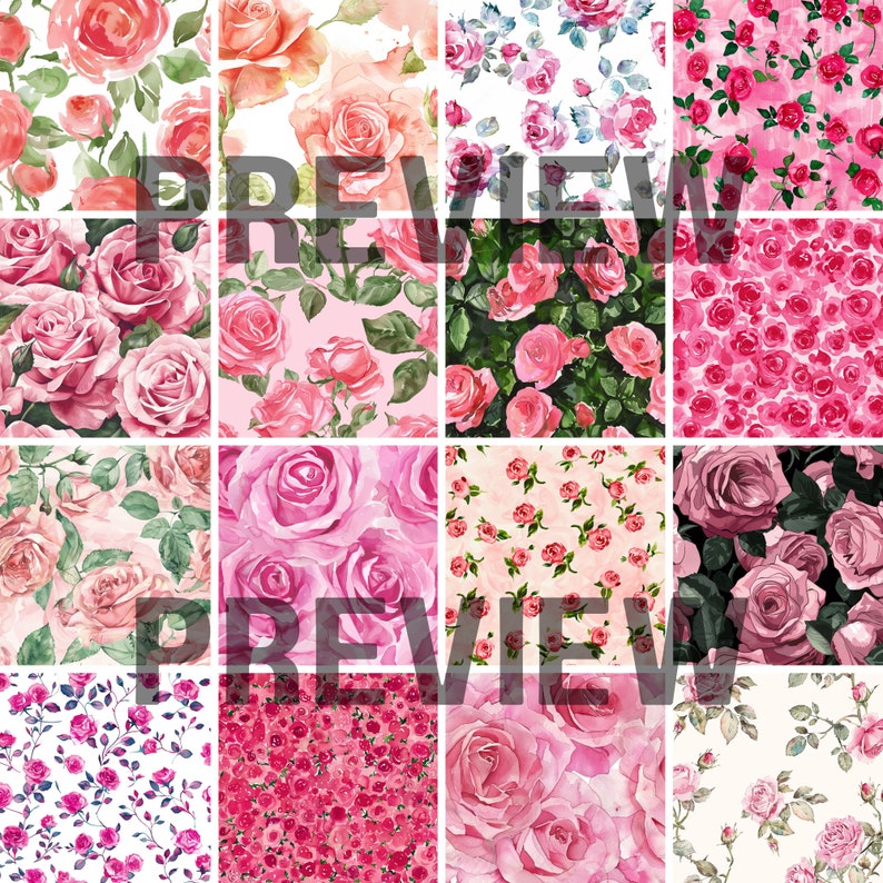 100 Watercolor Pink Roses Digital Paper - Seamless Printable, Digital ...