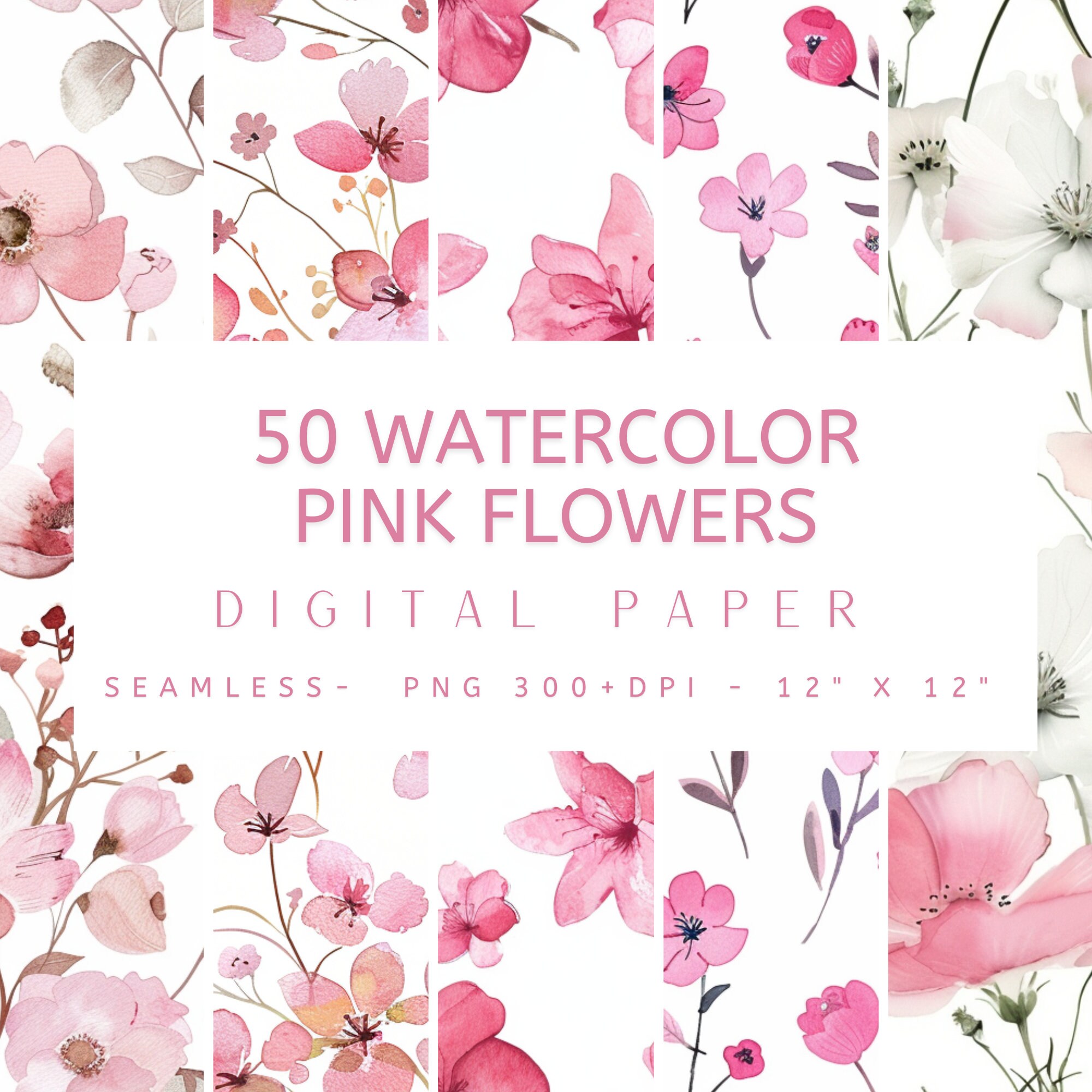 50 Watercolor Pink Flowers Digital Paper - Seamless Printable, Digital ...