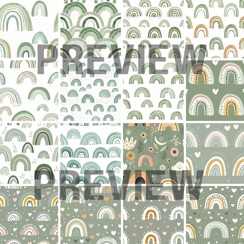 35 Sage Green Rainbow Patterns Digital Paper Designs- Seamless Design, Boho, Chic, Instant ...