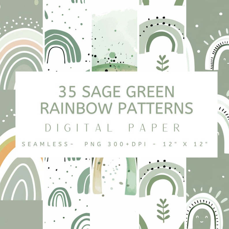 35 Sage Green Rainbow Patterns Digital Paper Designs- Seamless Design, Boho, Chic, Instant ...