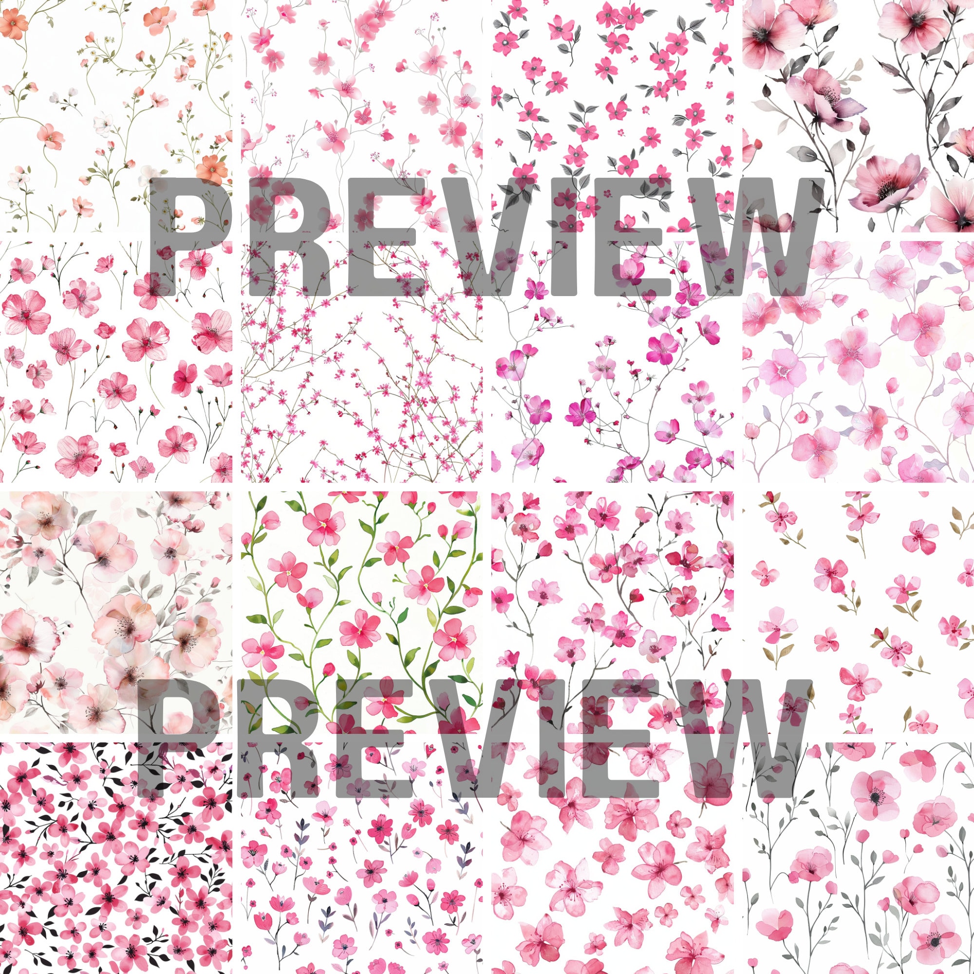 50 Watercolor Pink Flowers Digital Paper - Seamless Printable, Digital ...
