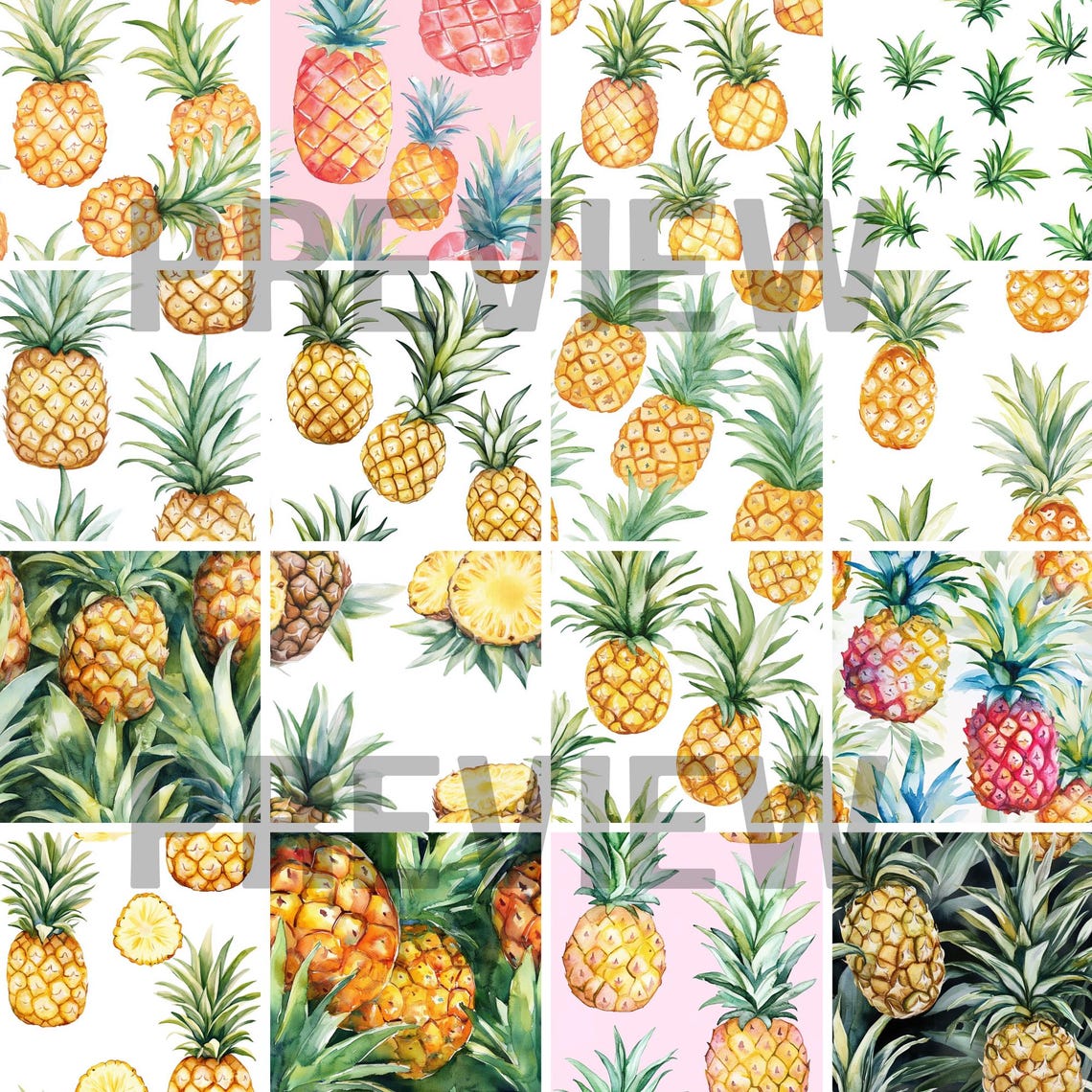 50 Watercolor Pineapple Digital Paper - Seamless Design, Digital Paper ...