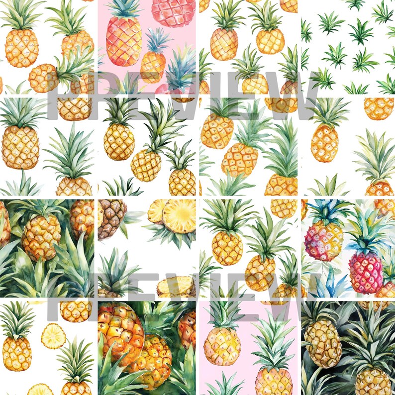 50 Watercolor Pineapple Digital Paper - Seamless Design, Digital Paper ...