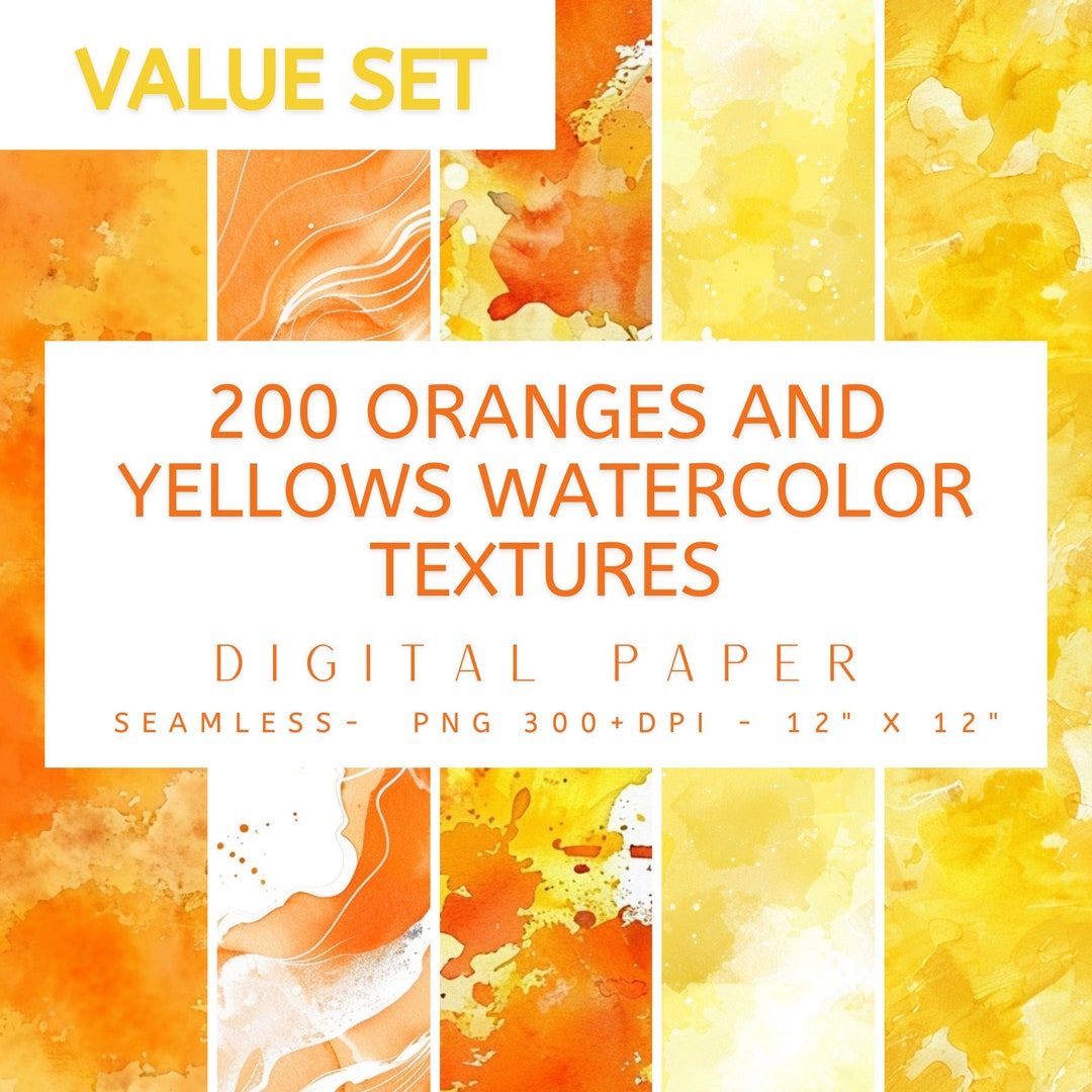 200 Oranges and Yellows Watercolor Textures Digital Paper - Seamless ...
