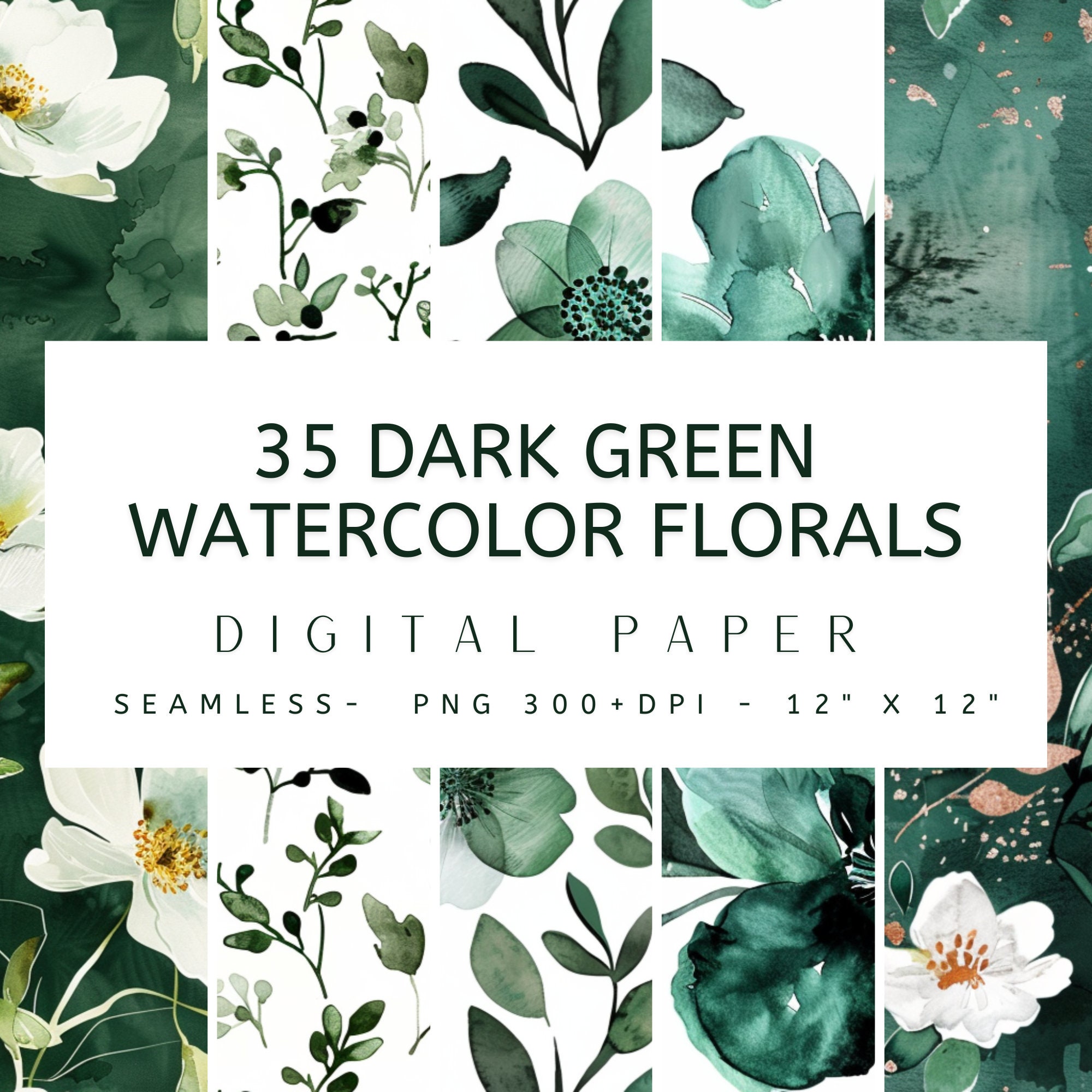 35 Dark Green Watercolor Floral Printable Paper Seamless - Shabby Chic ...