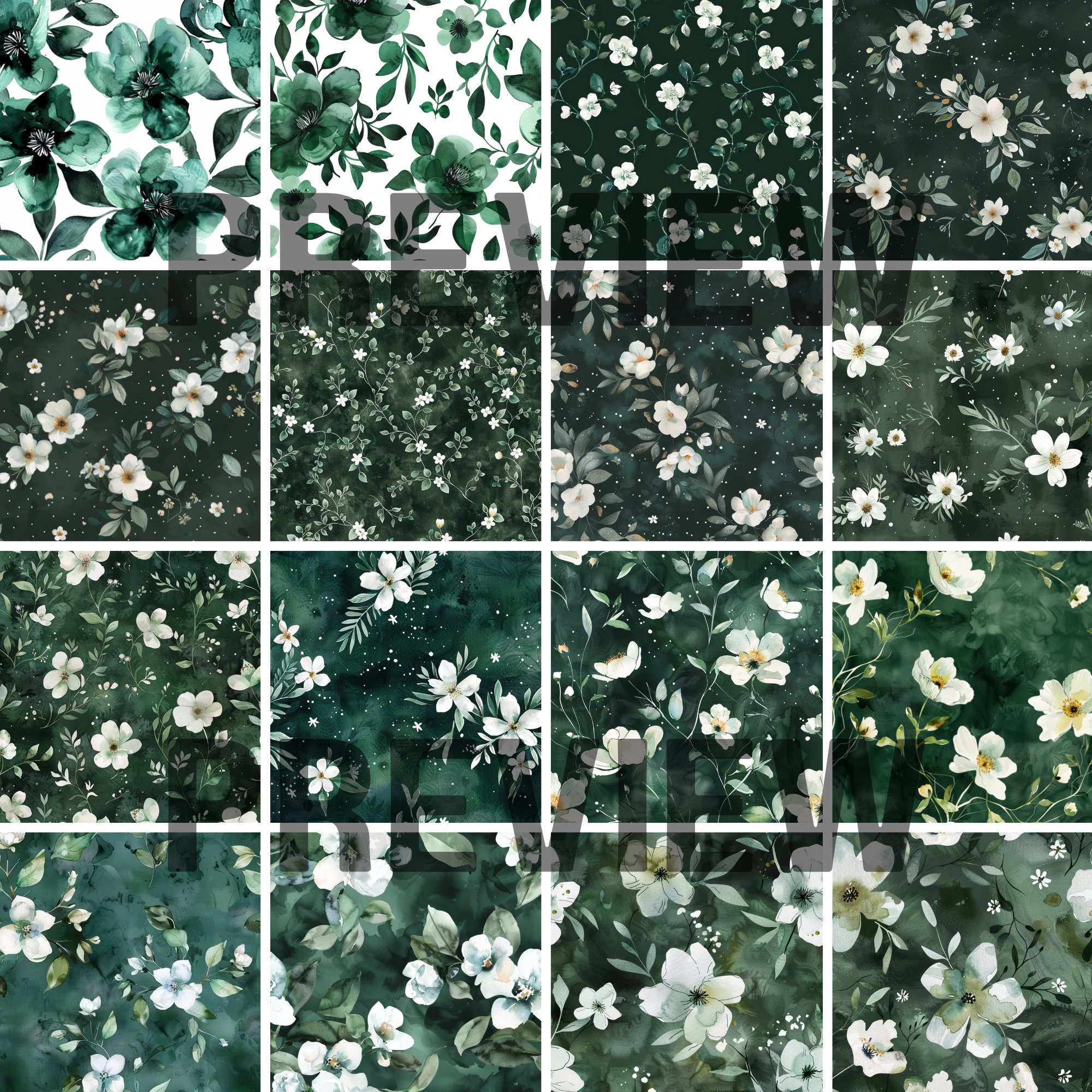 35 Dark Green Watercolor Floral Printable Paper Seamless - Shabby Chic ...