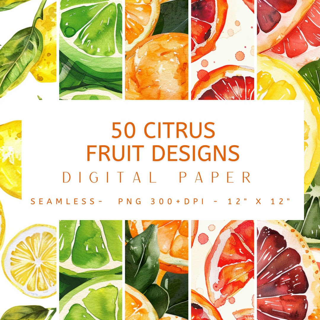 50 Watercolor Citrus Digital Paper Designs - Seamless Design, Digital ...