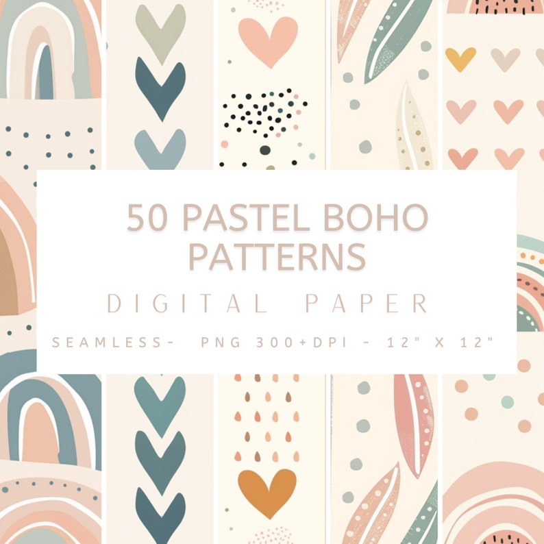 50 Pastel Boho Patterns Digital Paper - Seamless Design, Digital Paper ...