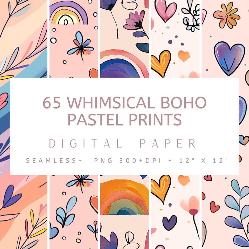 65 Whimsical Boho Pastel Digital Paper - Seamless Printable, Digital ...
