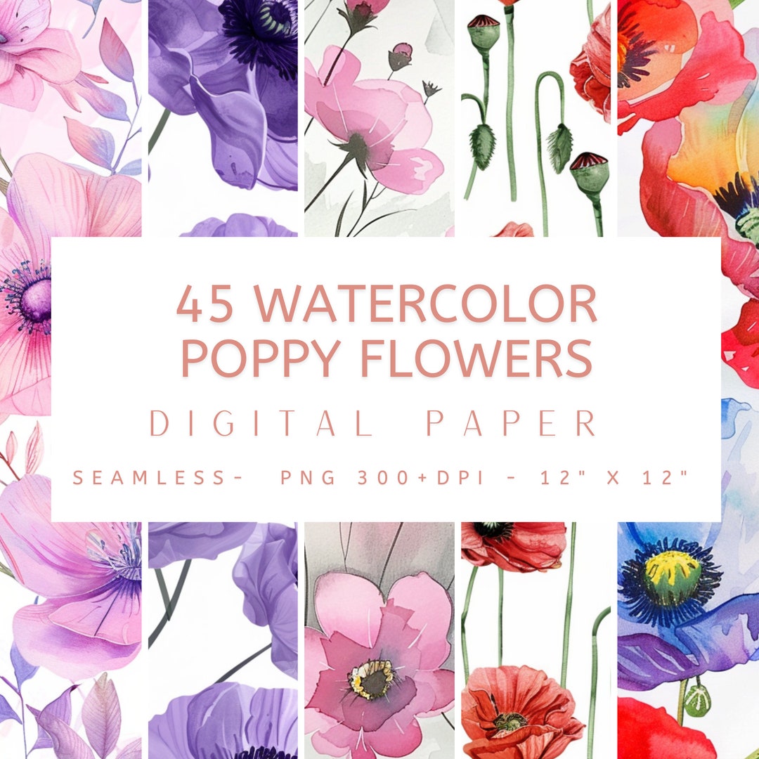 45 Watercolor Poppy Flower Digital Paper Seamless Design, Digital Paper ...