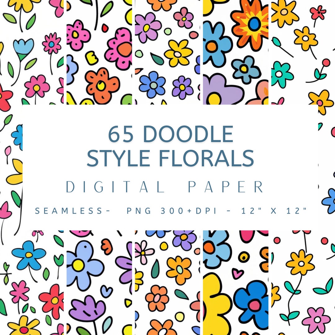 65 Doodle Style Florals Digital Paper - Seamless Design, Digital Paper ...