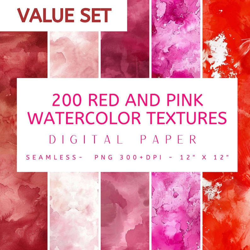 200 Red and Pink Watercolor Textures Digital Paper - Seamless Design ...