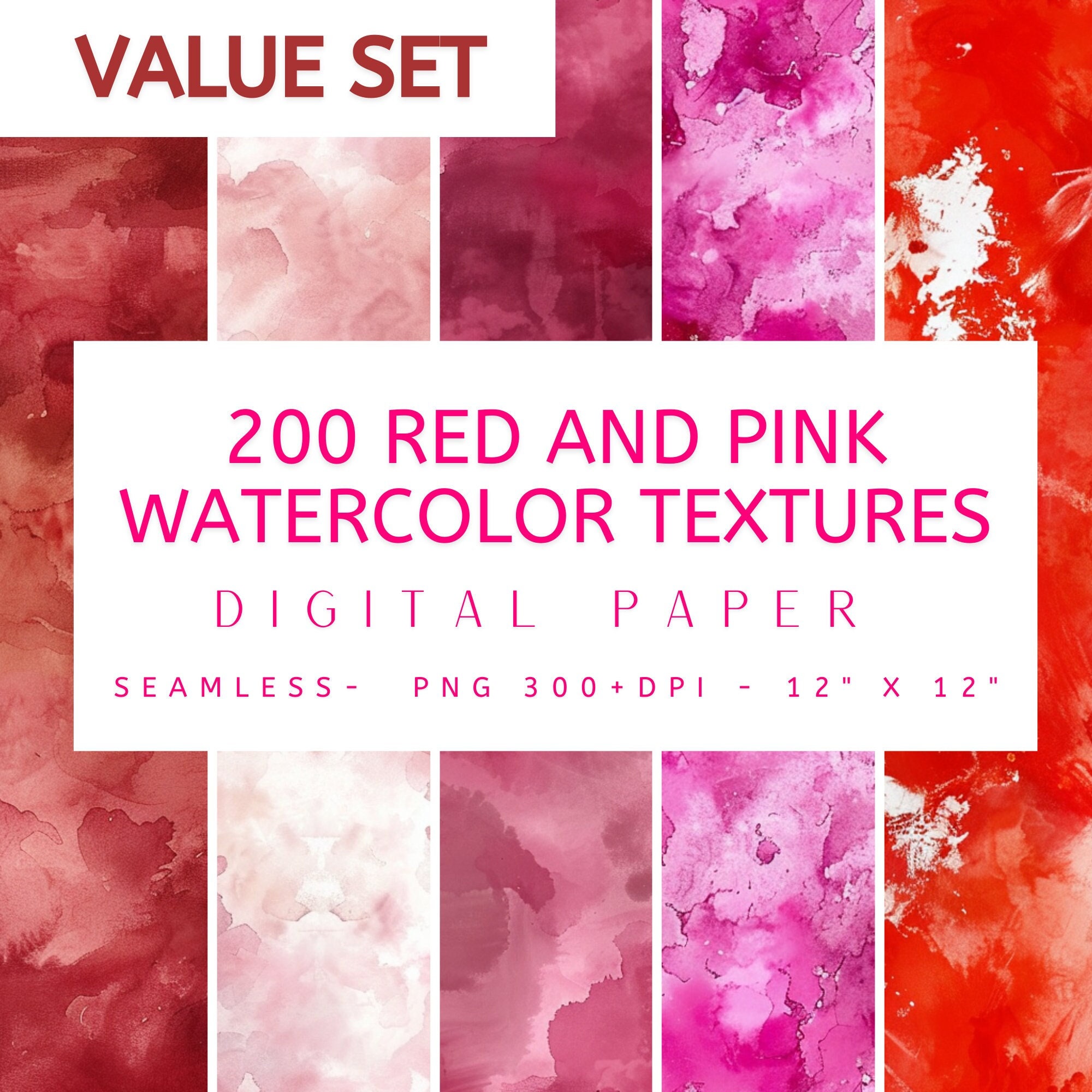 200 Red and Pink Watercolor Textures Digital Paper - Seamless Design ...