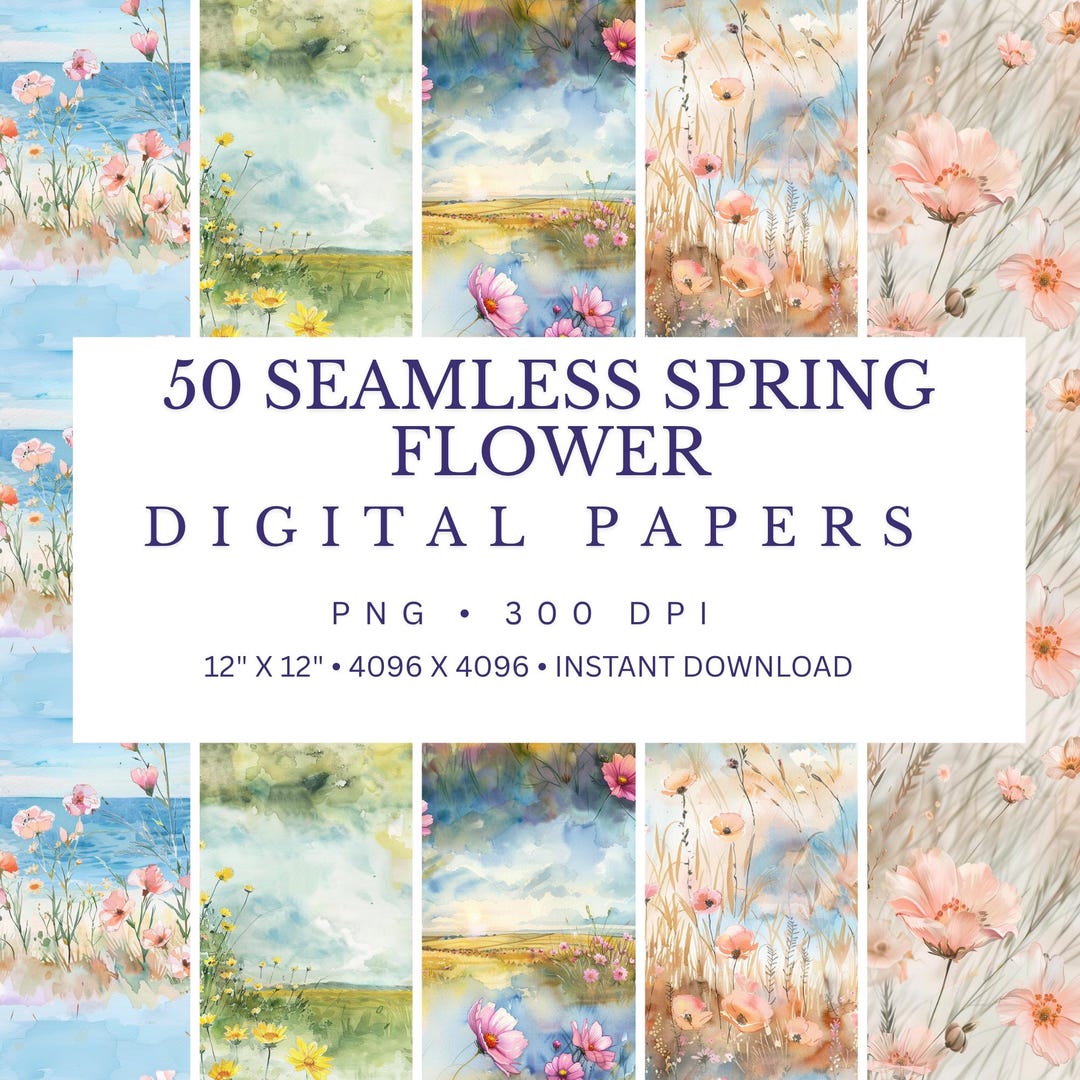 50 Seamless Spring Flower Digital Papers, Watercolor Floral Patterns ...