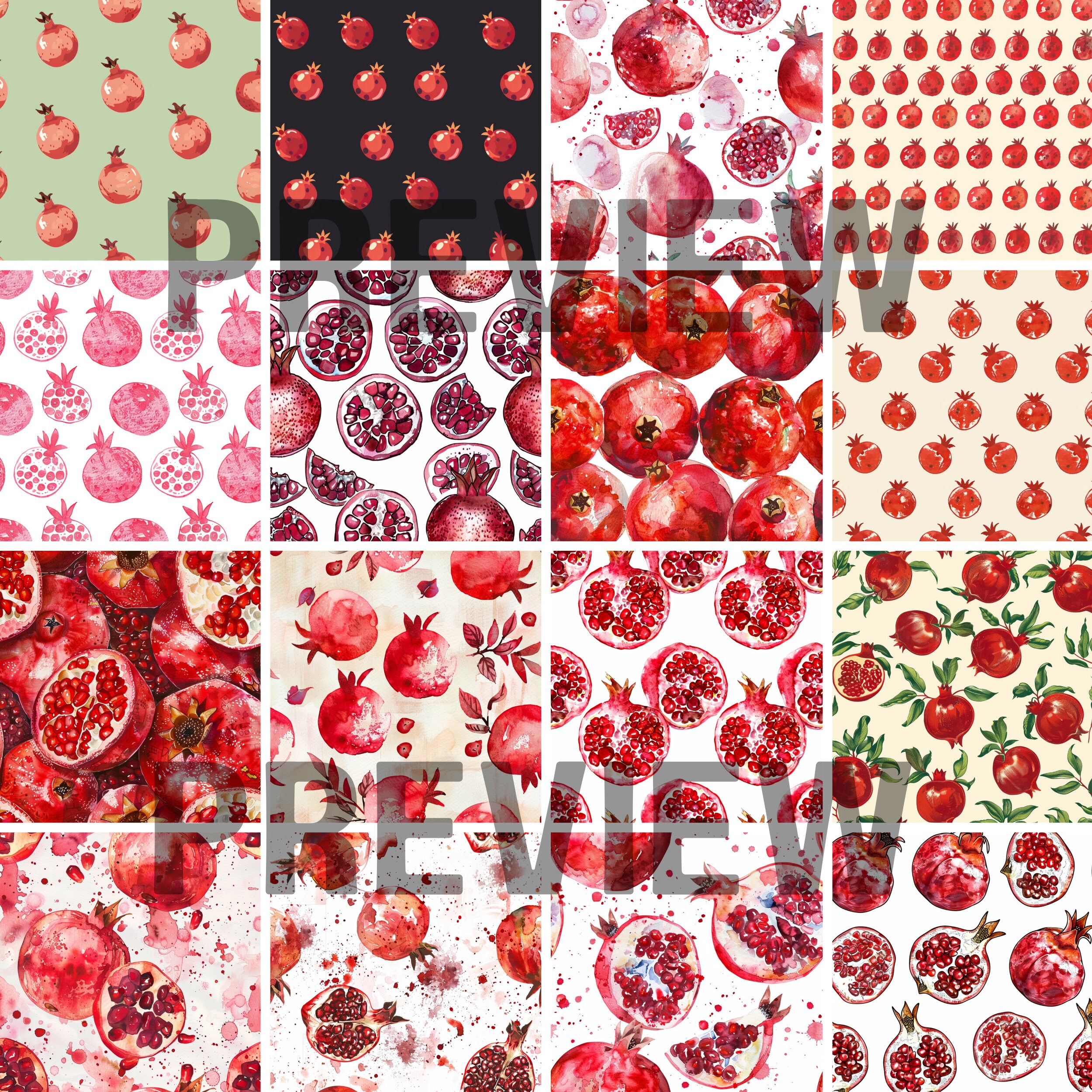 50 Pomegranate Digital Paper - Watercolor, Seamless, Printable, Instant ...