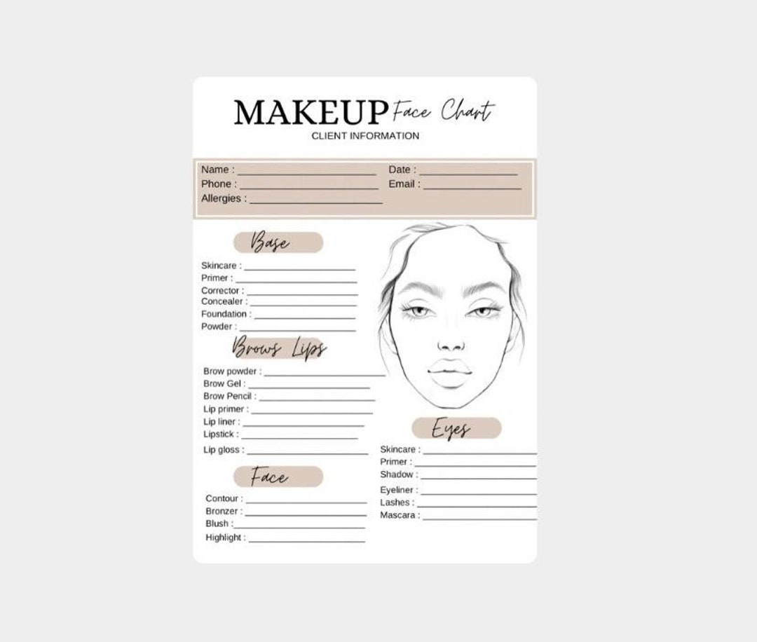 Makeup Face Chart, Makeup Artist Consultation Form Editable Makeup ...