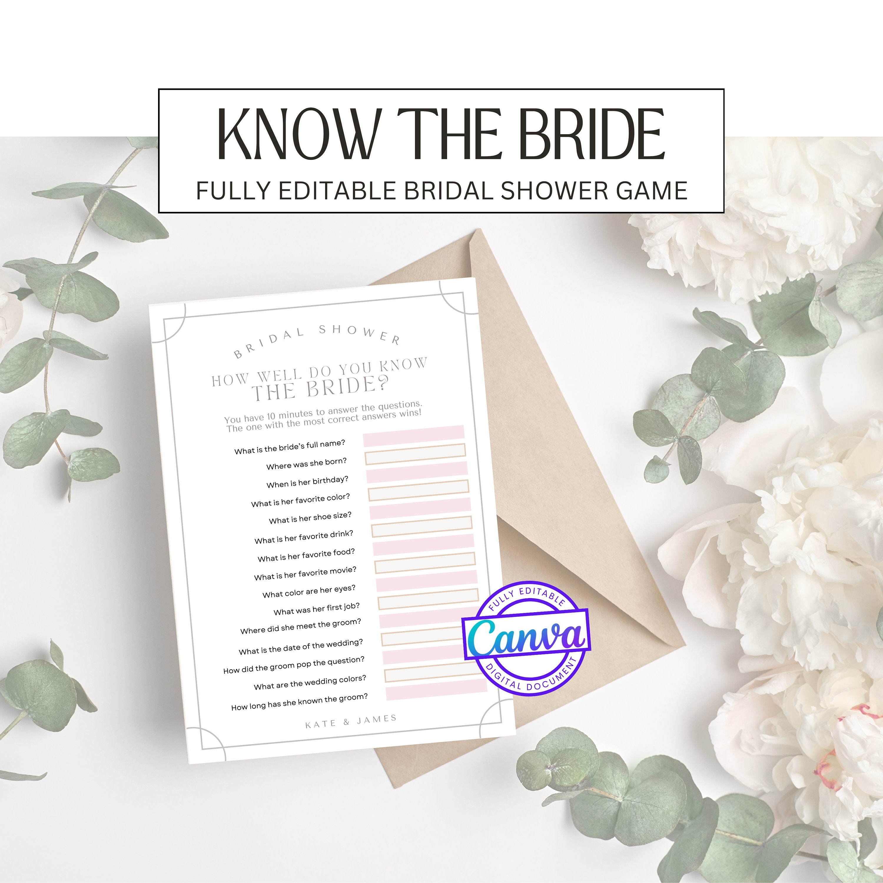 How Well Do You Know the Bride Game, Modern Bridal Shower Game, Fully ...