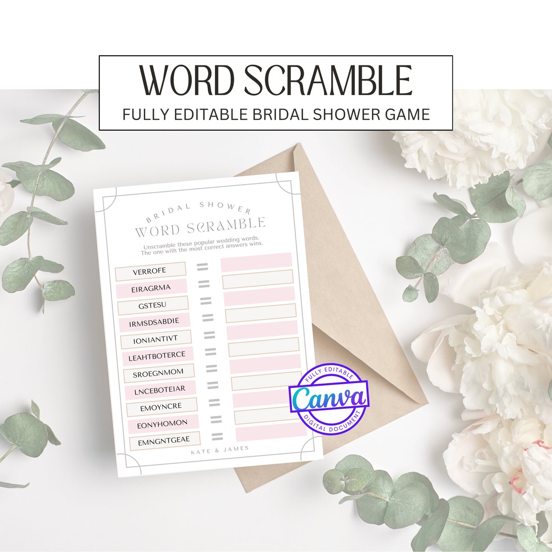 Bridal Shower Word Scramble & Answer Key, Bridal Shower Game ...