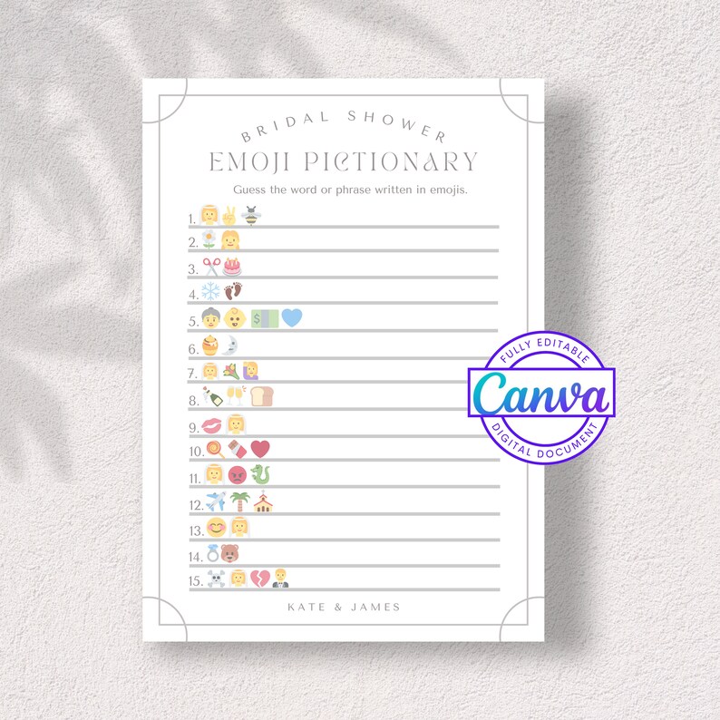 Emoji Pictionary Bridal Shower Bachelorette Party Game With Answers ...