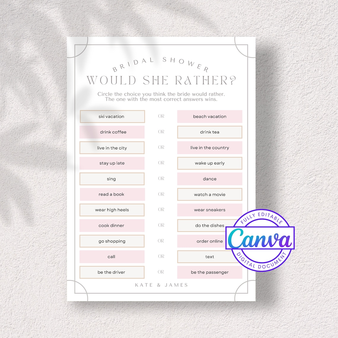 Would She Rather, Bridal Shower Game, Fully Editable Template, Bridal ...