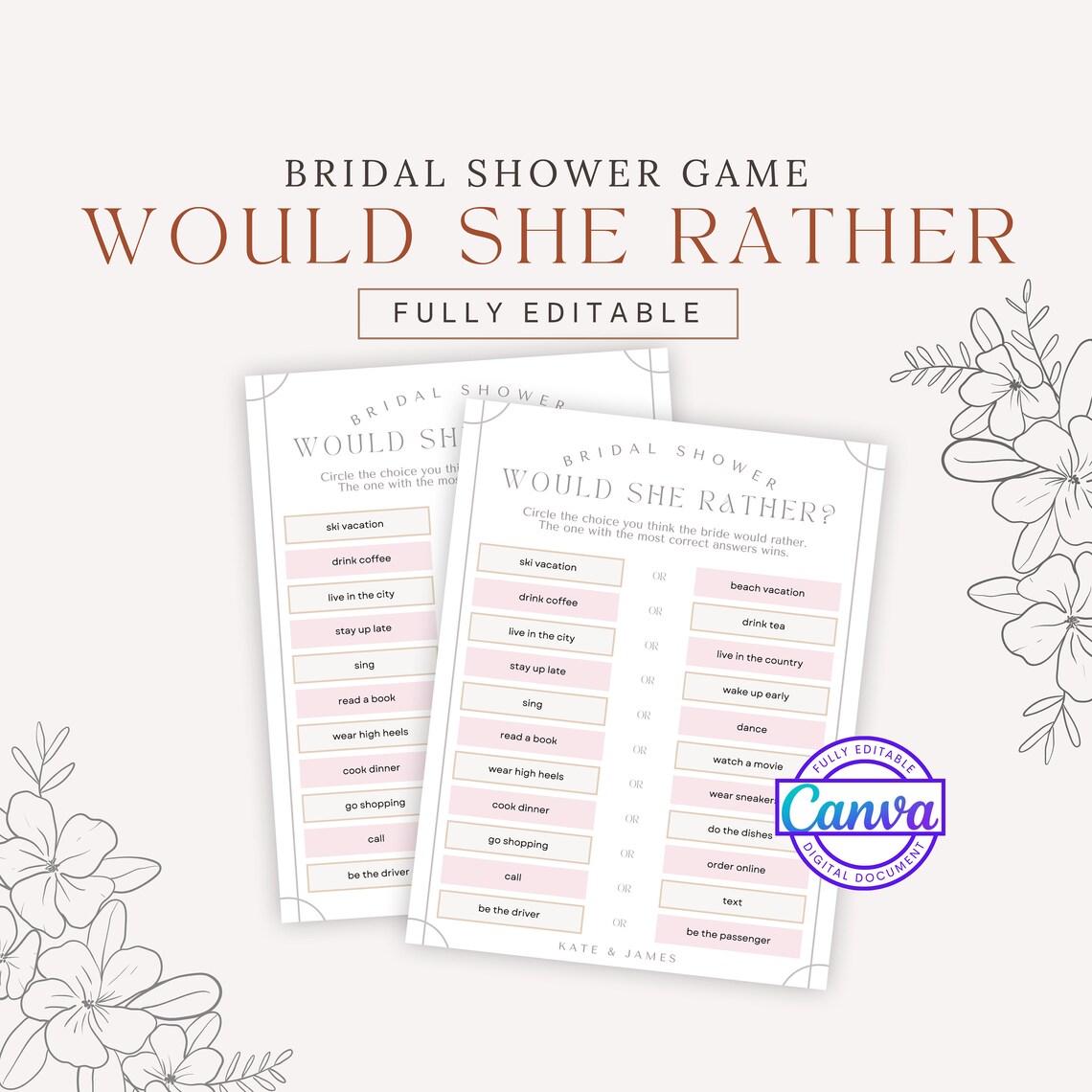 Would She Rather, Bridal Shower Game, Fully Editable Template, Bridal ...