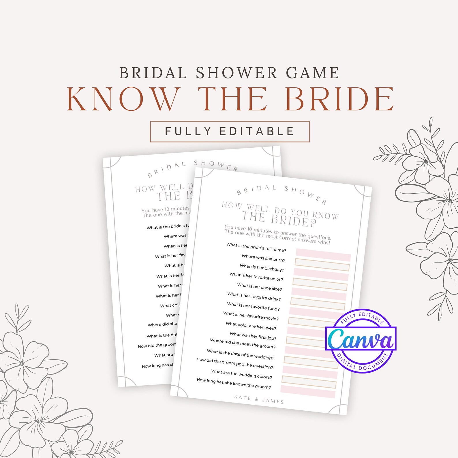 How Well Do You Know the Bride Game, Modern Bridal Shower Game, Fully ...